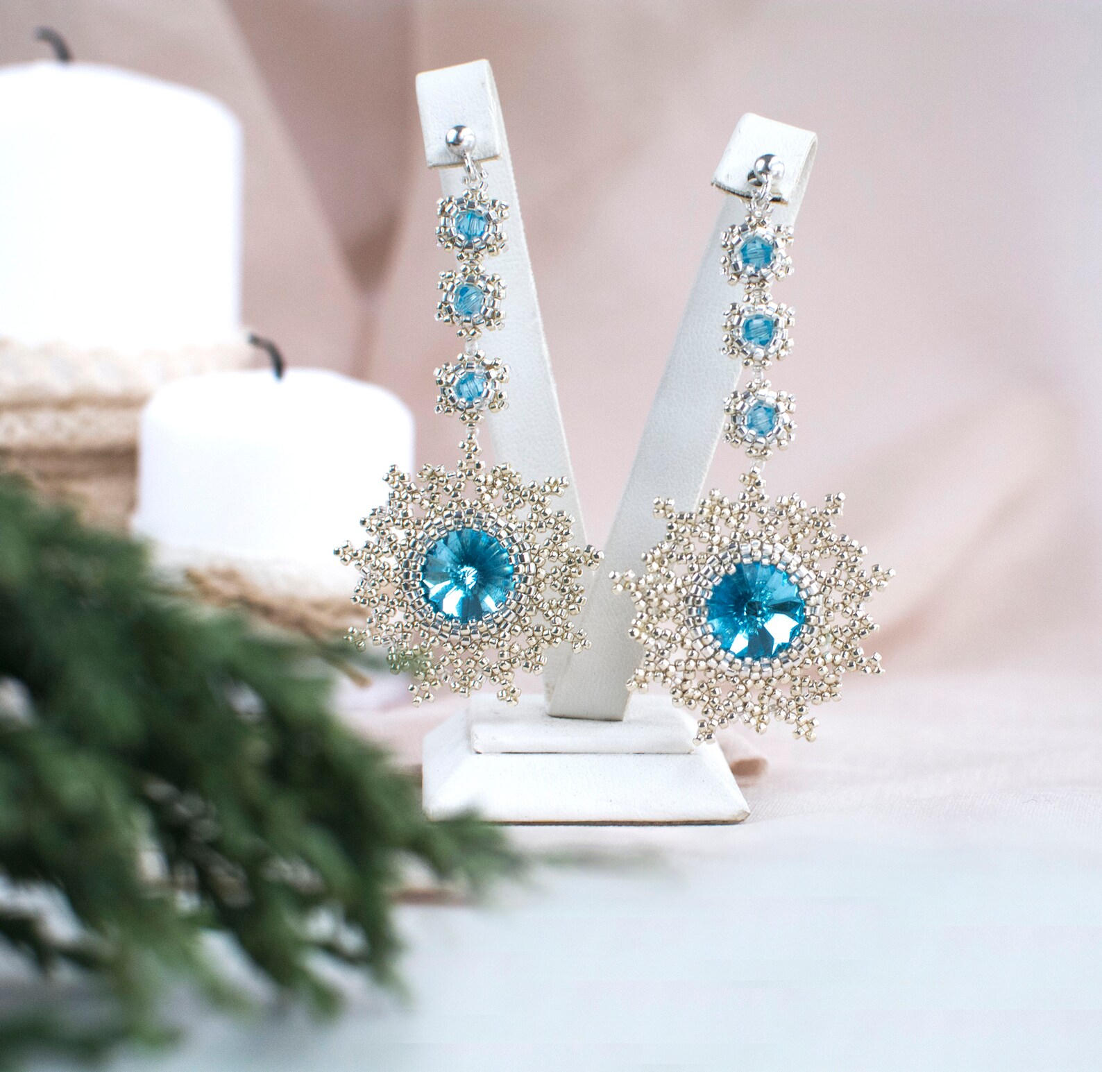 Silver Snowflakes Earrings With Blue Austrian Crystals and Beads ...