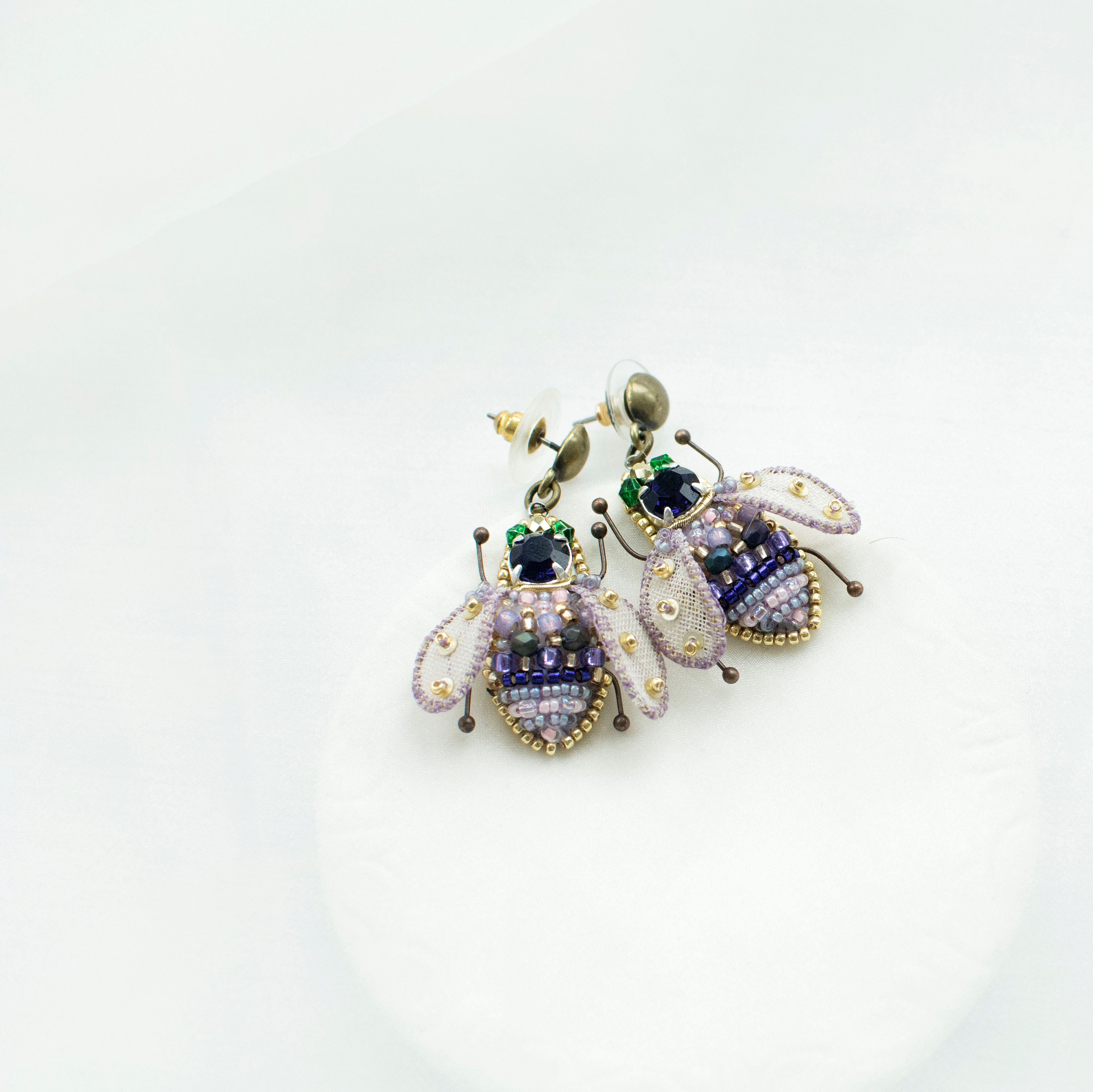 Fly Earrings With Violet Crystals and Seed Beads/ Small Insect Earrings ...