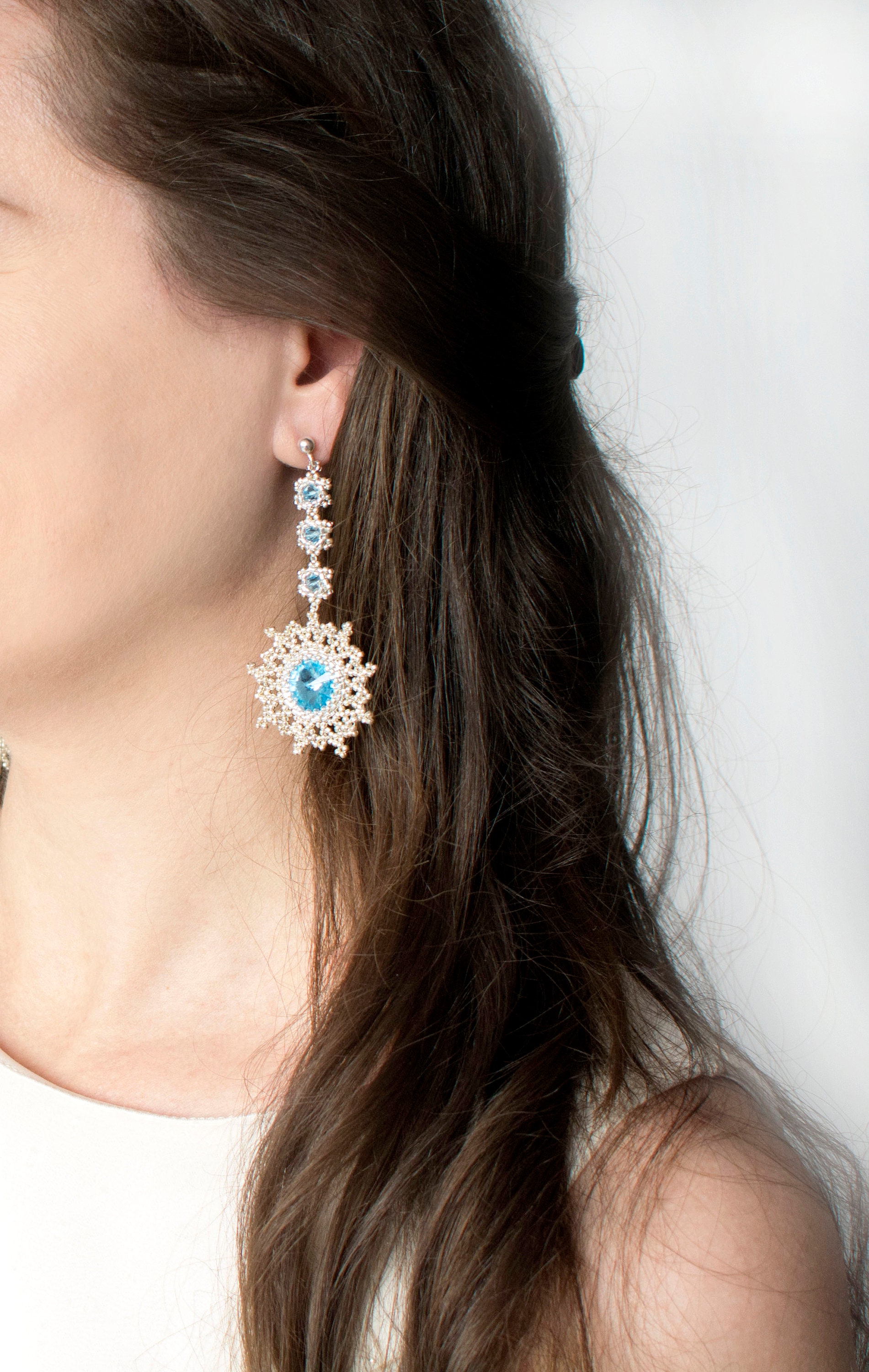 Silver Snowflakes Earrings With Blue Austrian Crystals and Beads ...