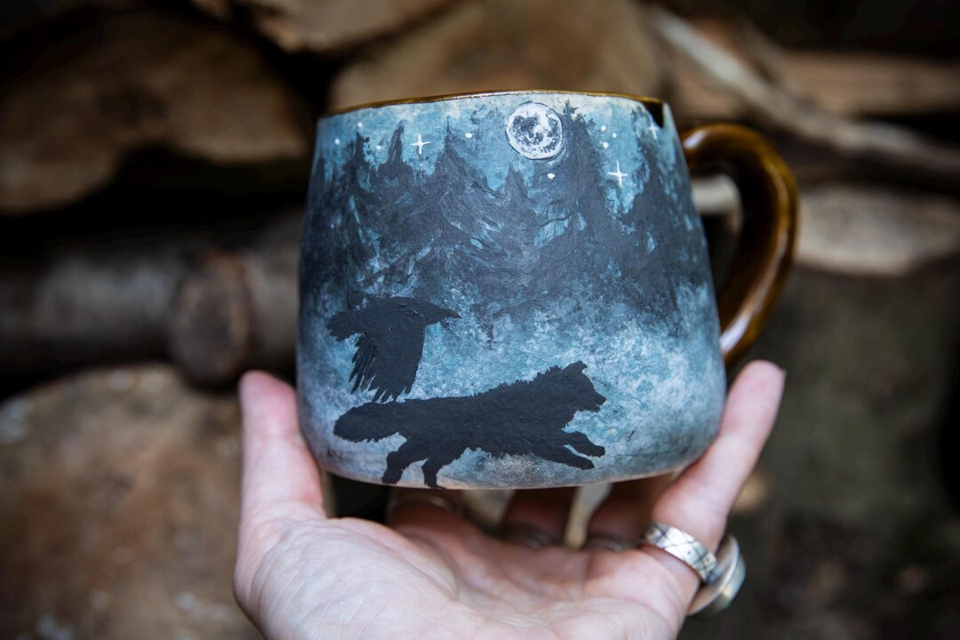 Wolf Running With Raven in Forest. Hand Painted and Handbuilt Mug ...
