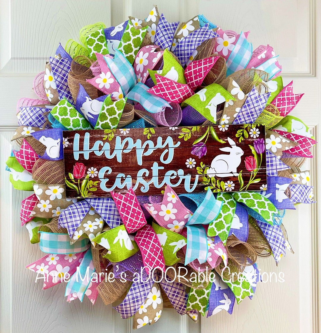 Happy Easter Wreath for Front Door, Spring Wreath for Front Door ...
