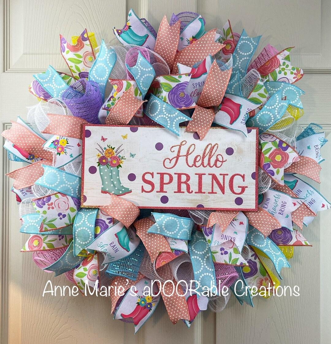Hello Spring Wreath for Front Door, Floral Spring Wreath, Pastel Spring ...