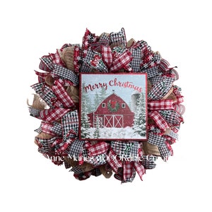 Buffalo Plaid Red Barn Farm Merry Christmas Wreath, Christmas Wreath ...