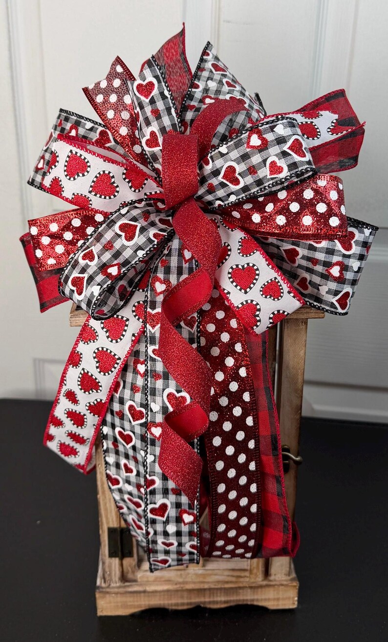 Handmade Valentine’s Day Heart Bow, Red Black & White Buffalo Plaid ...