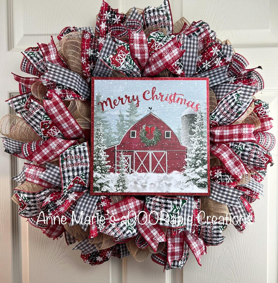 Buffalo Plaid Red Barn Farm Merry Christmas Wreath, Christmas Wreath ...