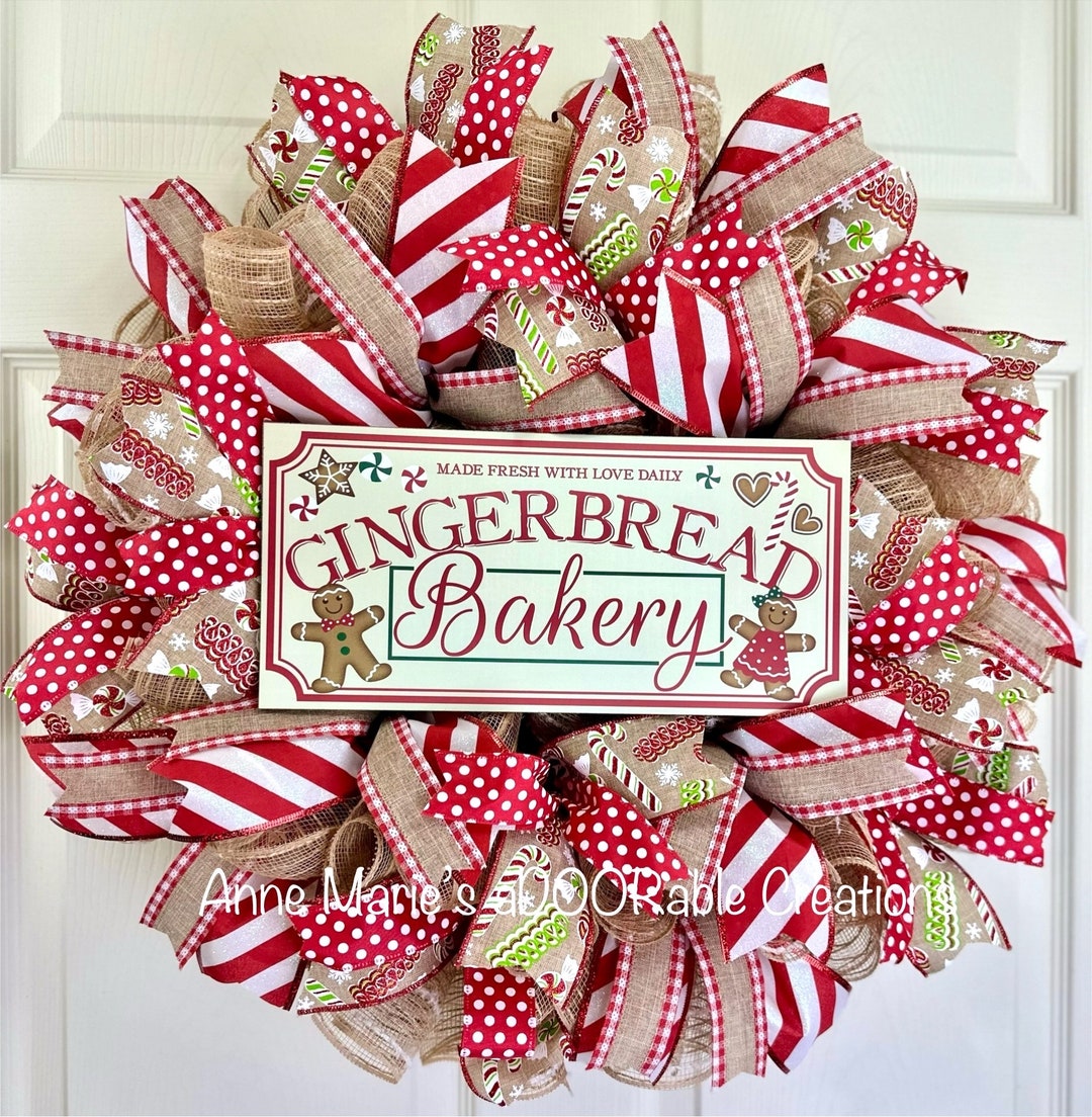 Gingerbread Bakery Christmas Wreath Front Door, Gingerbread Wreath ...