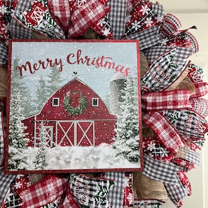 Buffalo Plaid Red Barn Farm Merry Christmas Wreath, Christmas Wreath ...