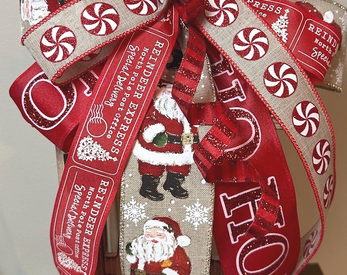 Handmade Christmas Bow | Santa Ribbon, Peppermint Candy Cane, HO HO HO ...