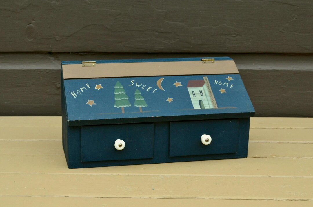 Painted Wood Box, Vintage Storage Box, Scene Painting, Painted Shelf ...