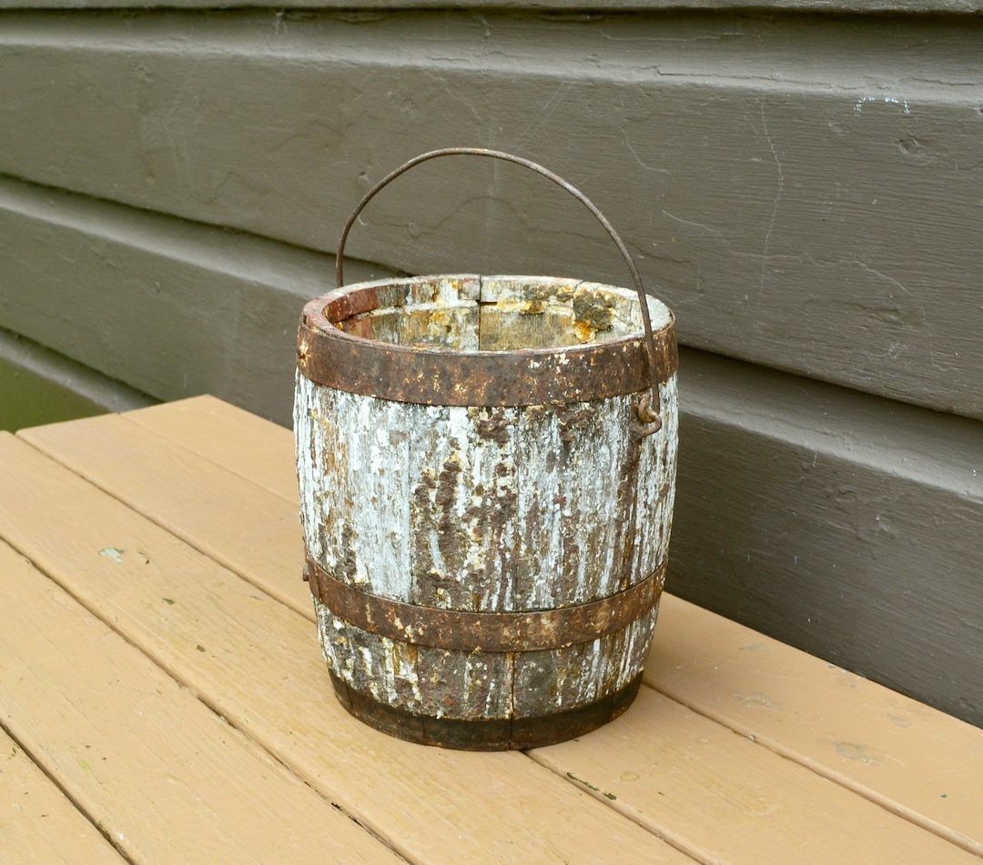 Old Wood Bucket, Antique Primitive Wooden Bucket, Heavy Rustic Paint ...