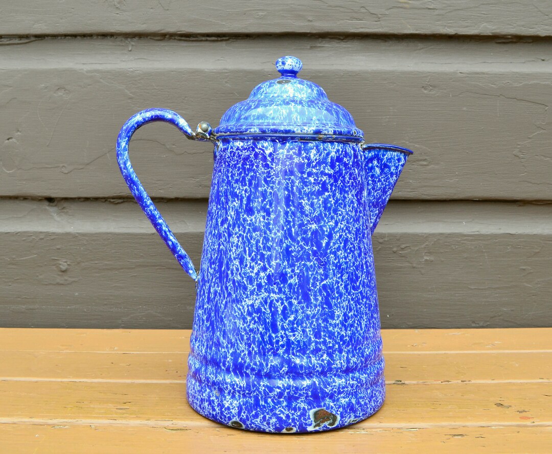 Blue Enamel Kettle, Vintage Mottled Blue and White Enamelware Coffee ...