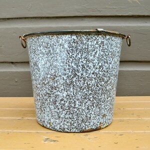 Rare Enamel Pail With Lid, Vintage Speckled Enamel Bucket, Wood Lidded ...