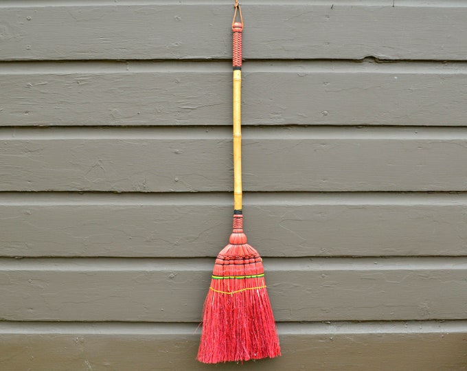 Red Sweeping Whisk Broom, Vintage Straw Broom, Snowman Broom, Hearth ...