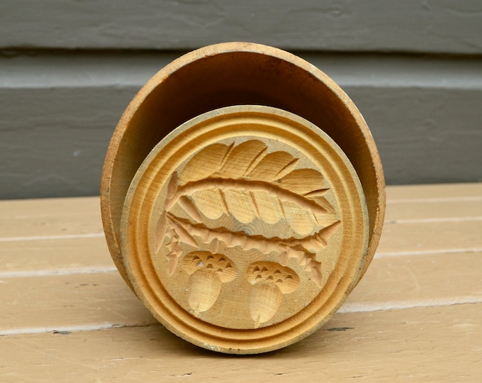 Primitive Butter Mold Plunger, Large Antique Carved Oak Leaf and Acorns ...