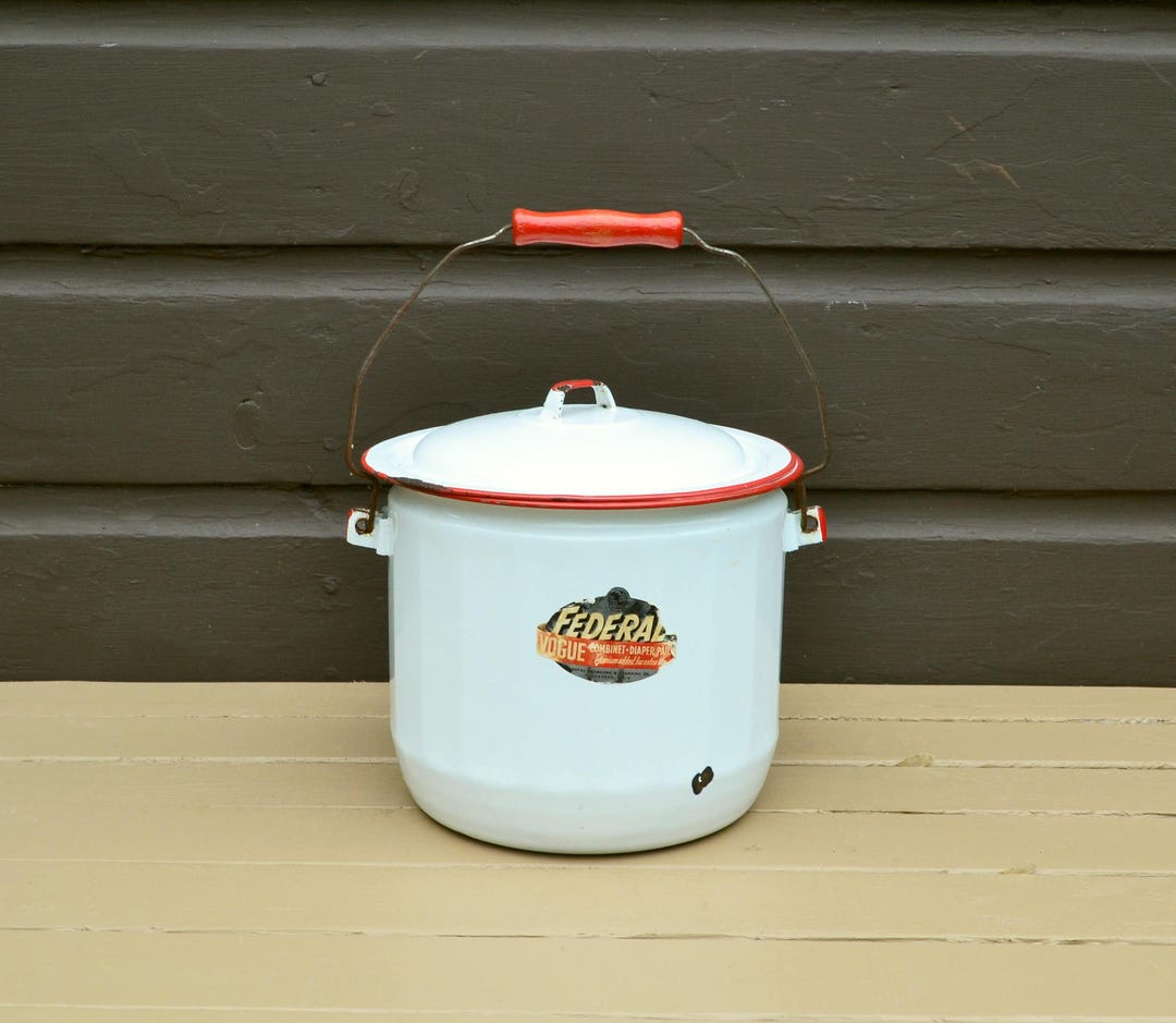 White Enamelware Pail With Lid, Vintage White Enamel Bucket, Diaper ...
