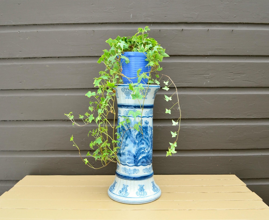 Blue and White Pottery Plant Stand, Vintage Stoneware Pedestal, Garden ...