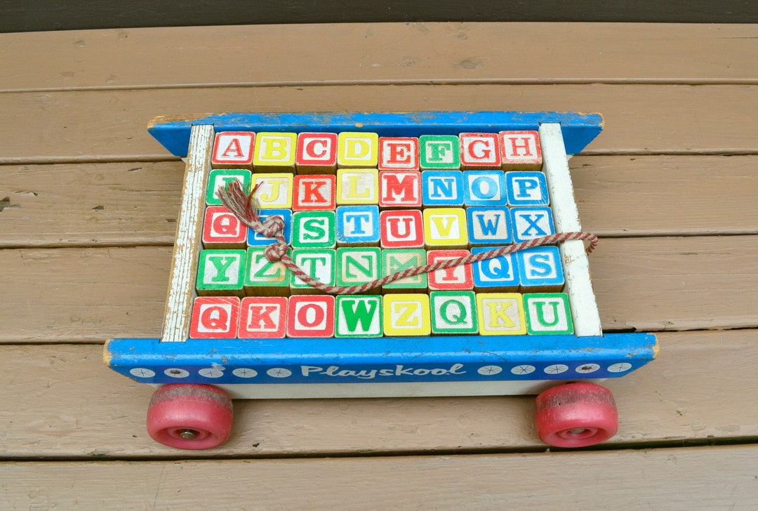 40 Wood Alphabet Blocks and Wagon, Vintage Baby Blocks, Alpha Toy ...