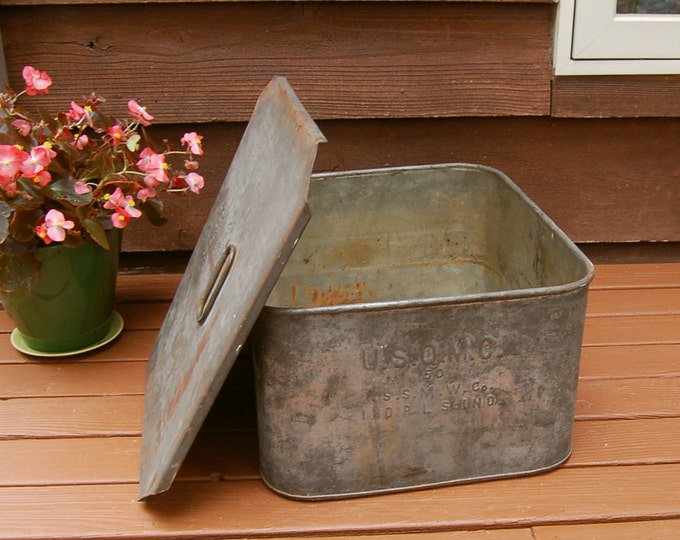 Large Galvanized Box, Vintage U.S.Q.M.C. Box, Rustic Tin Lined Metal ...