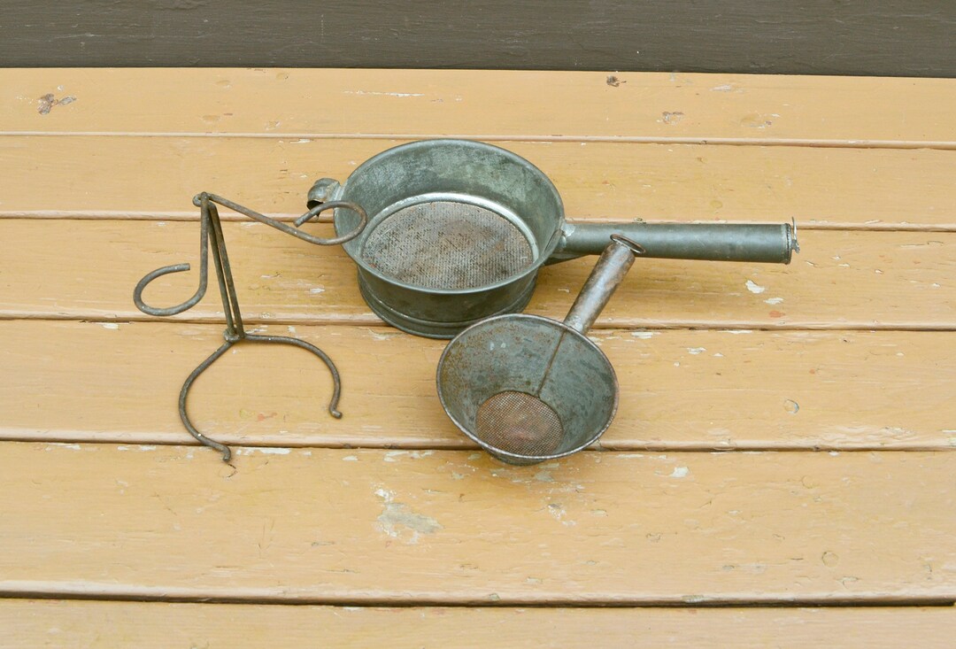 2 Round Tin Sieves and Canning Jar Lifter, Antique Tinware Milk ...