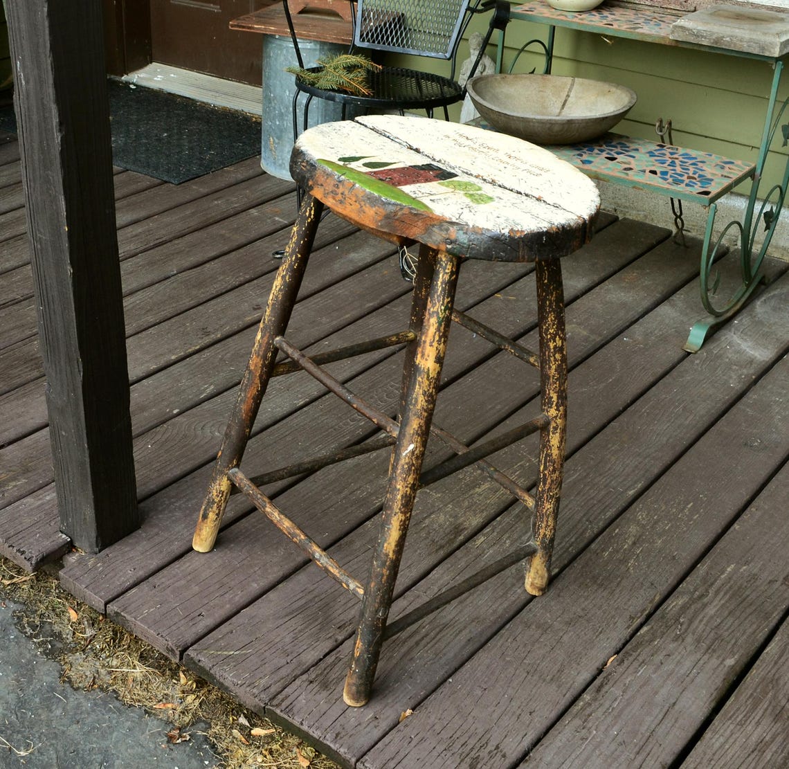Antique Stool, Painted Wooden Stool, Primitive Kitchen Stool, Get Fedex ...