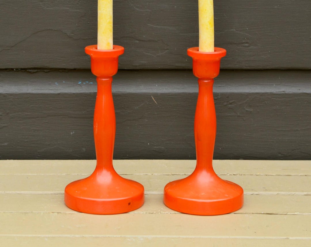 Orange Glass Candlesticks, Vintage MCM Candlesticks, Orange Candle ...