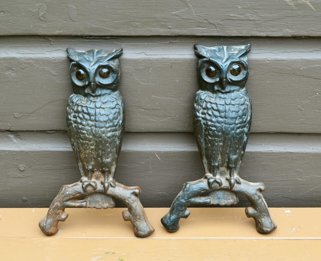 Owl Andiron Fronts, Antique Iron Owl Andirons, Glass Eye Iron Owls - Etsy