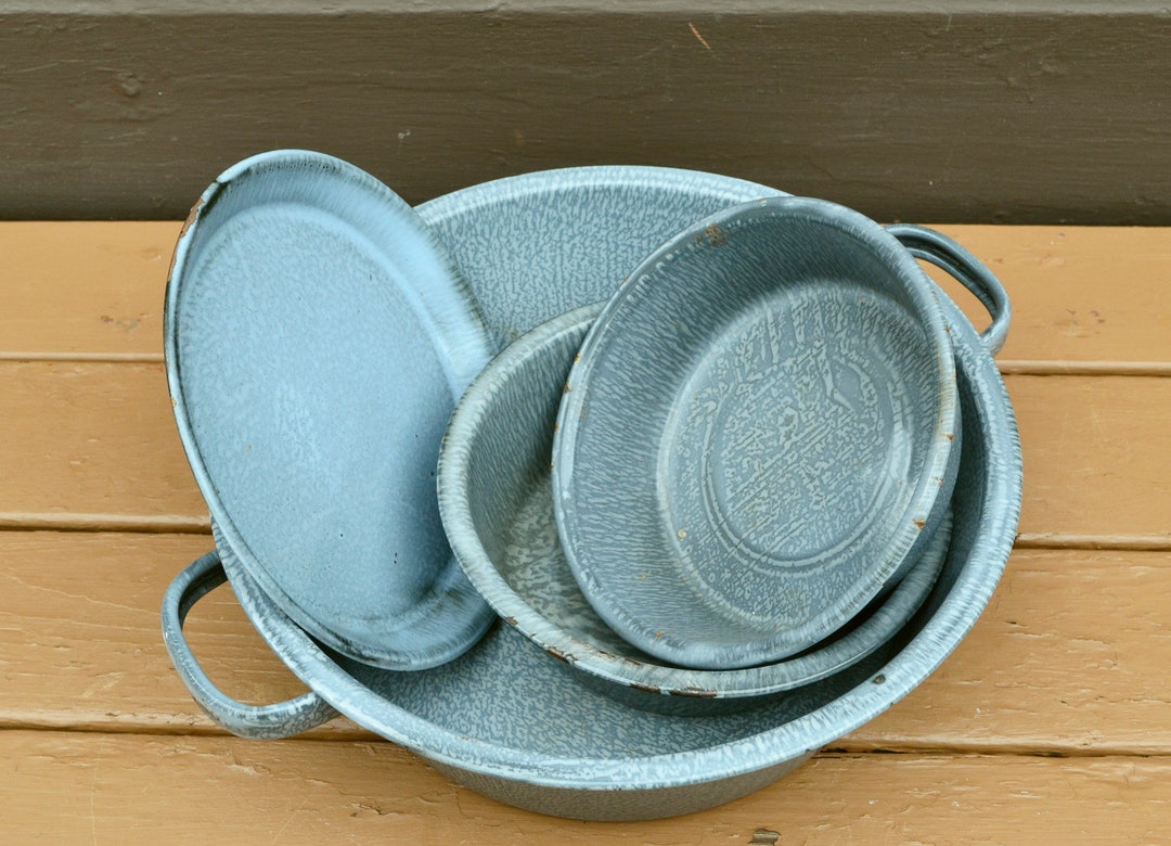Collection of Enamelware, 4 Vintage Gray Enamel Pieces, Decorative ...