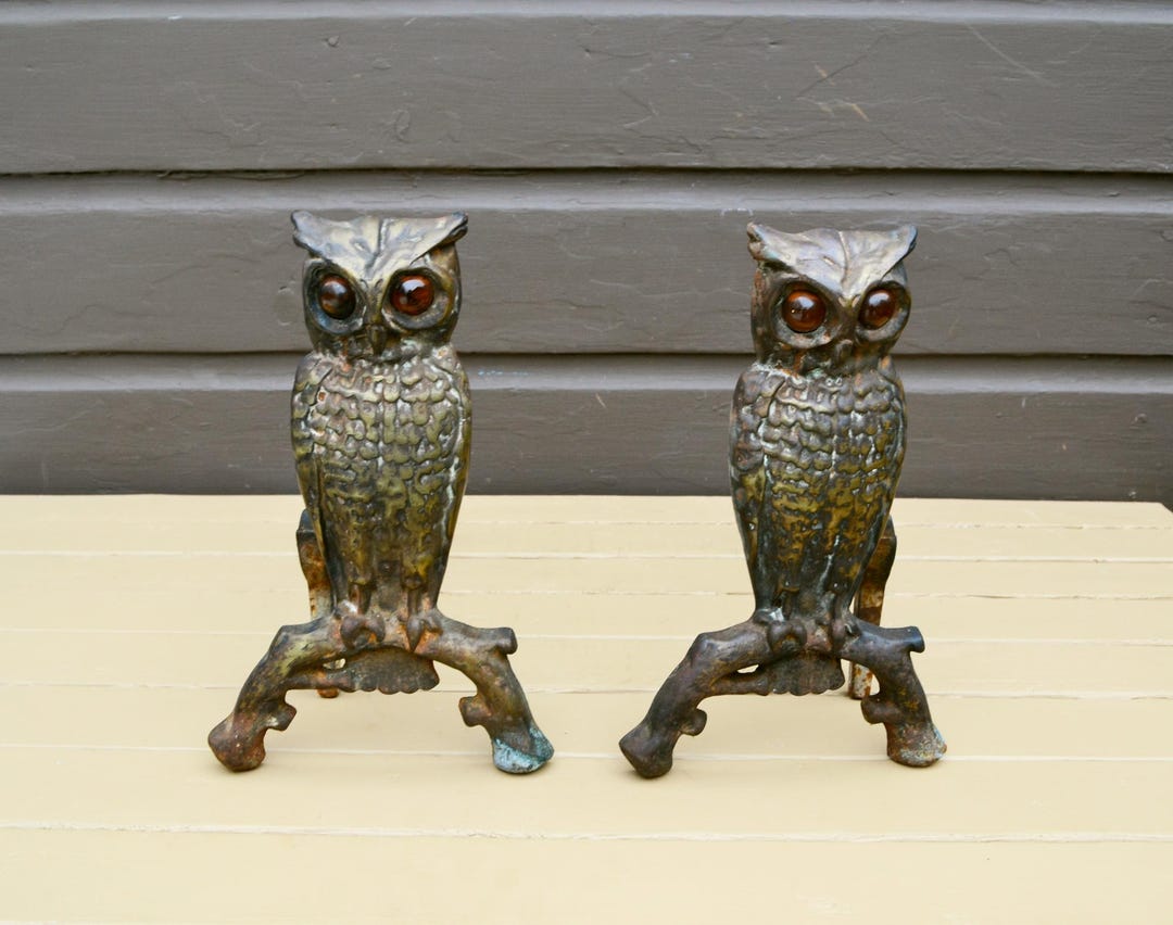 Owl Andiron, Antique Cast Iron Owl Andirons, Glass Eye Iron Owls - Etsy