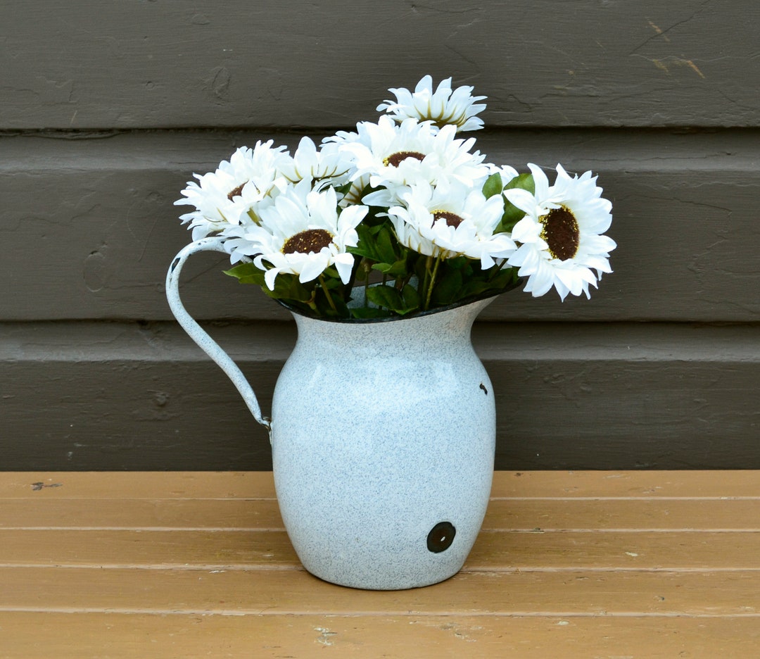 White Speckled Enamel Pitcher, Vintage Enamelware Jug, White With Black ...