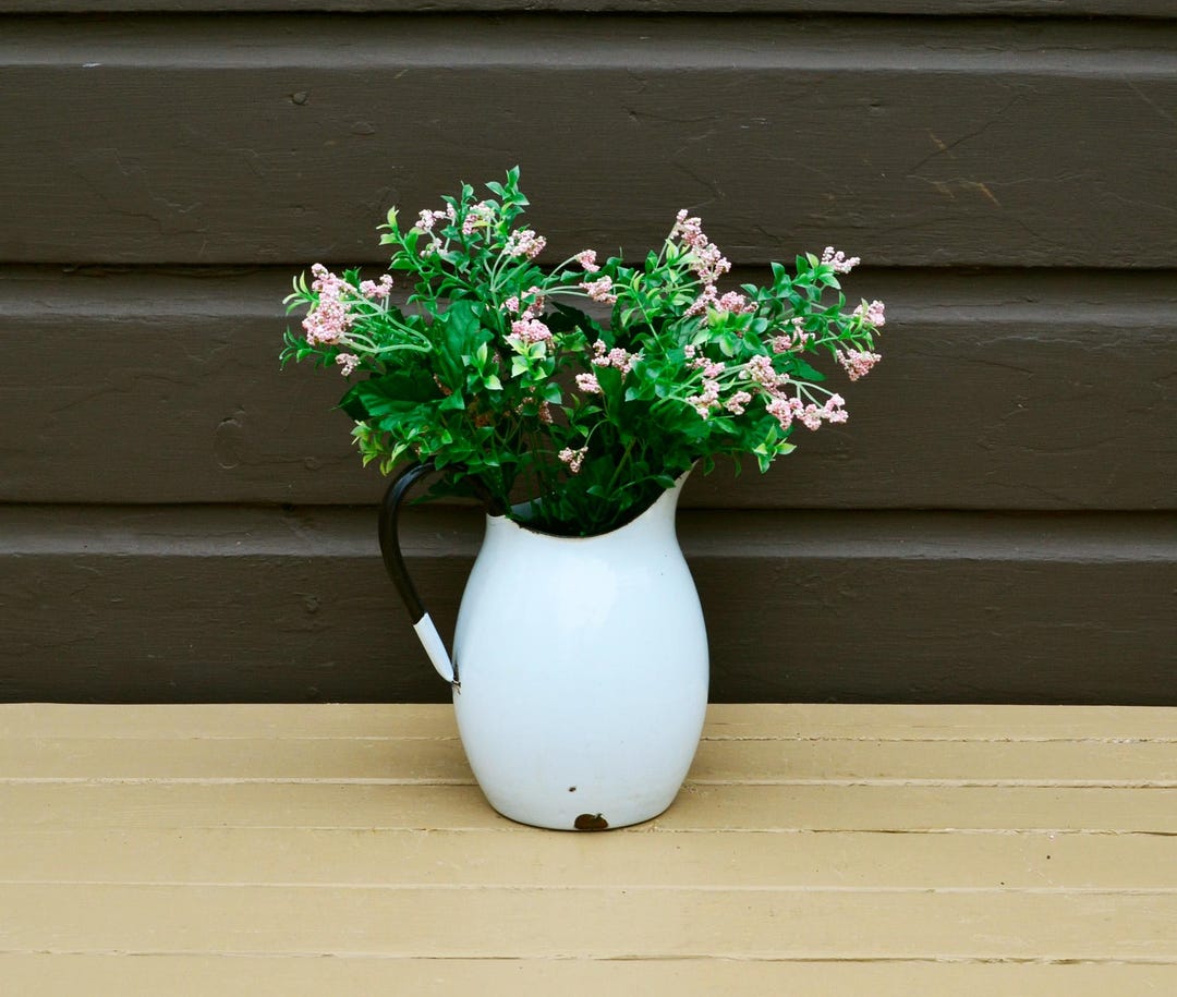 White Enamel Pitcher, Vintage Rusty Enamel Jug, Rustic Enamel Pitcher ...