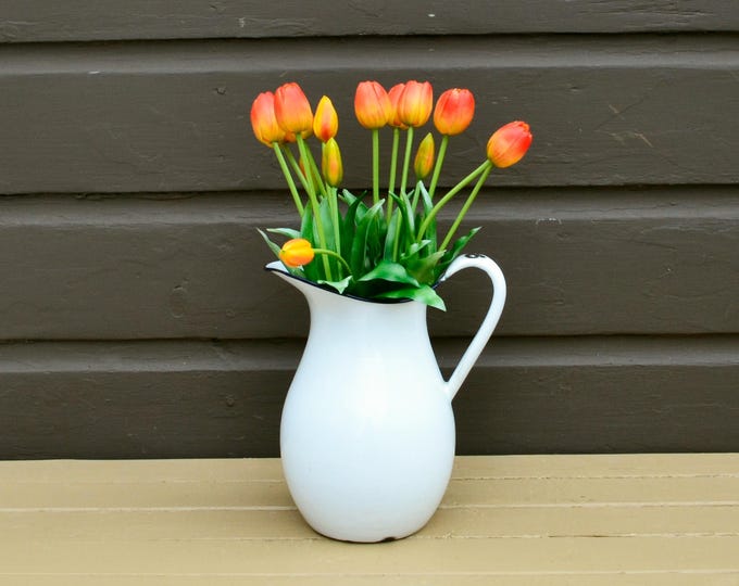 Enamelware Pitcher, White Enamel Jug, Vintage White Enamel Vase, - Etsy