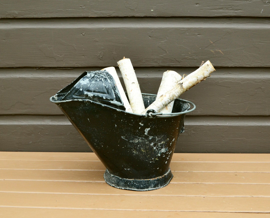 Galvanized Coal Bucket, Vintage Steel Ash Bucket, Black Rustic Coal ...