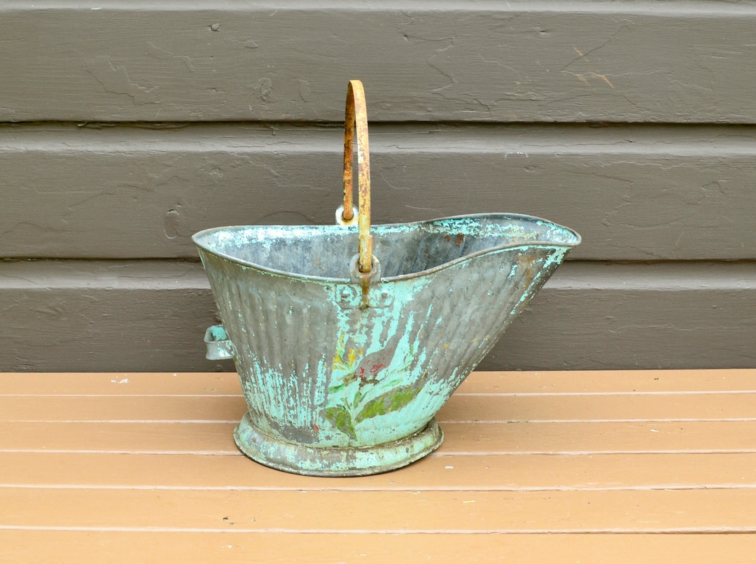 Galvanized Coal Bucket, Vintage Steel Ash Bucket, Painted Coal Scuttle ...