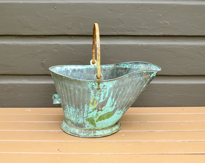 Galvanized Coal Bucket, Vintage Steel Ash Bucket, Painted Coal Scuttle ...