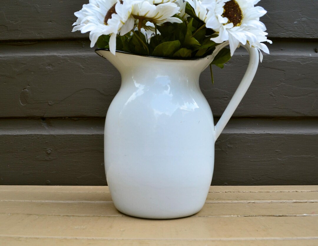 Enamelware Pitcher, White Enamel Jug, Vintage White Enamel Vase, - Etsy