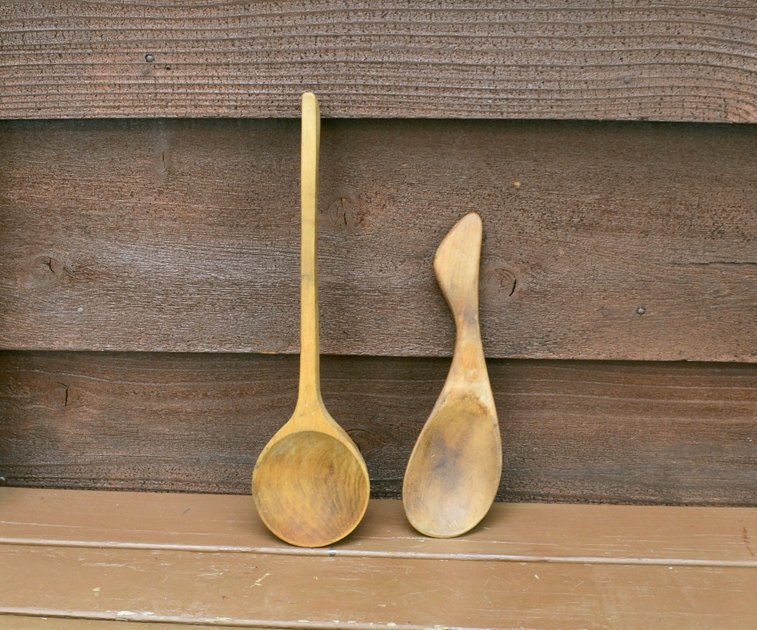 Set of 2 Antique Wood Spoons, Primitive Sap Stirring Spoon, Mixing Bowl ...