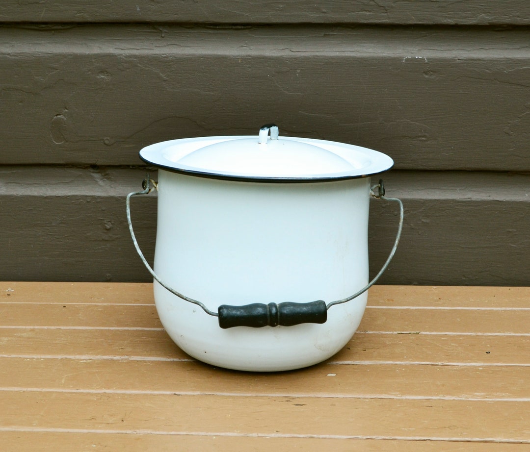 Chipped Enamel Pail With Lid, Rustic White Enamel Bucket, as is Chipped ...