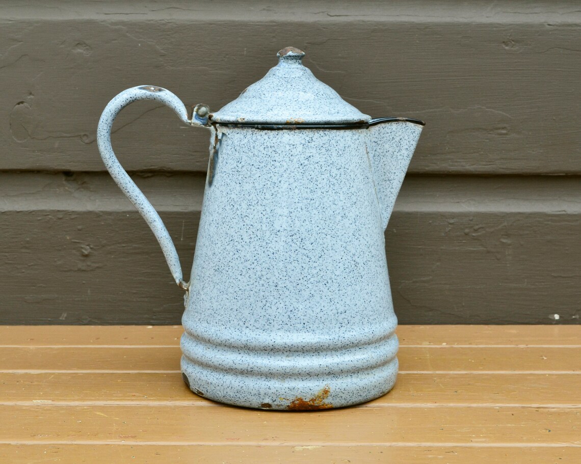 Blue Enamel Kettle Vintage Mottled Grey Blue Enamelware - Etsy
