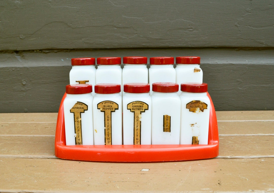 Set of 10 Griffith Milk Glass Spice Jars With Red Rack, Vintage Spice ...