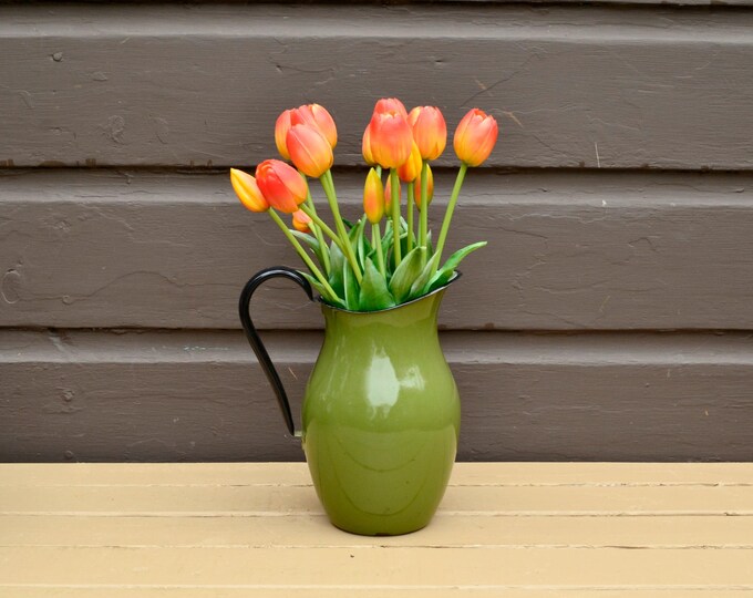 Green Enamelware Pitcher, Vintage Olive Green Enamel Jug, Large Enamel ...