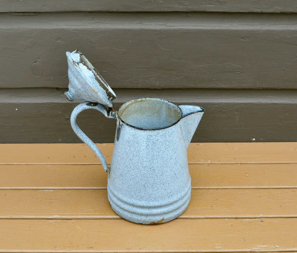 Blue Enamel Kettle Vintage Mottled Grey Blue Enamelware - Etsy