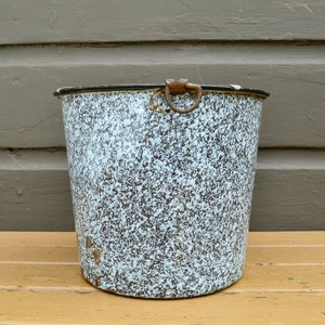 Rare Enamel Pail With Lid, Vintage Speckled Enamel Bucket, Wood Lidded ...