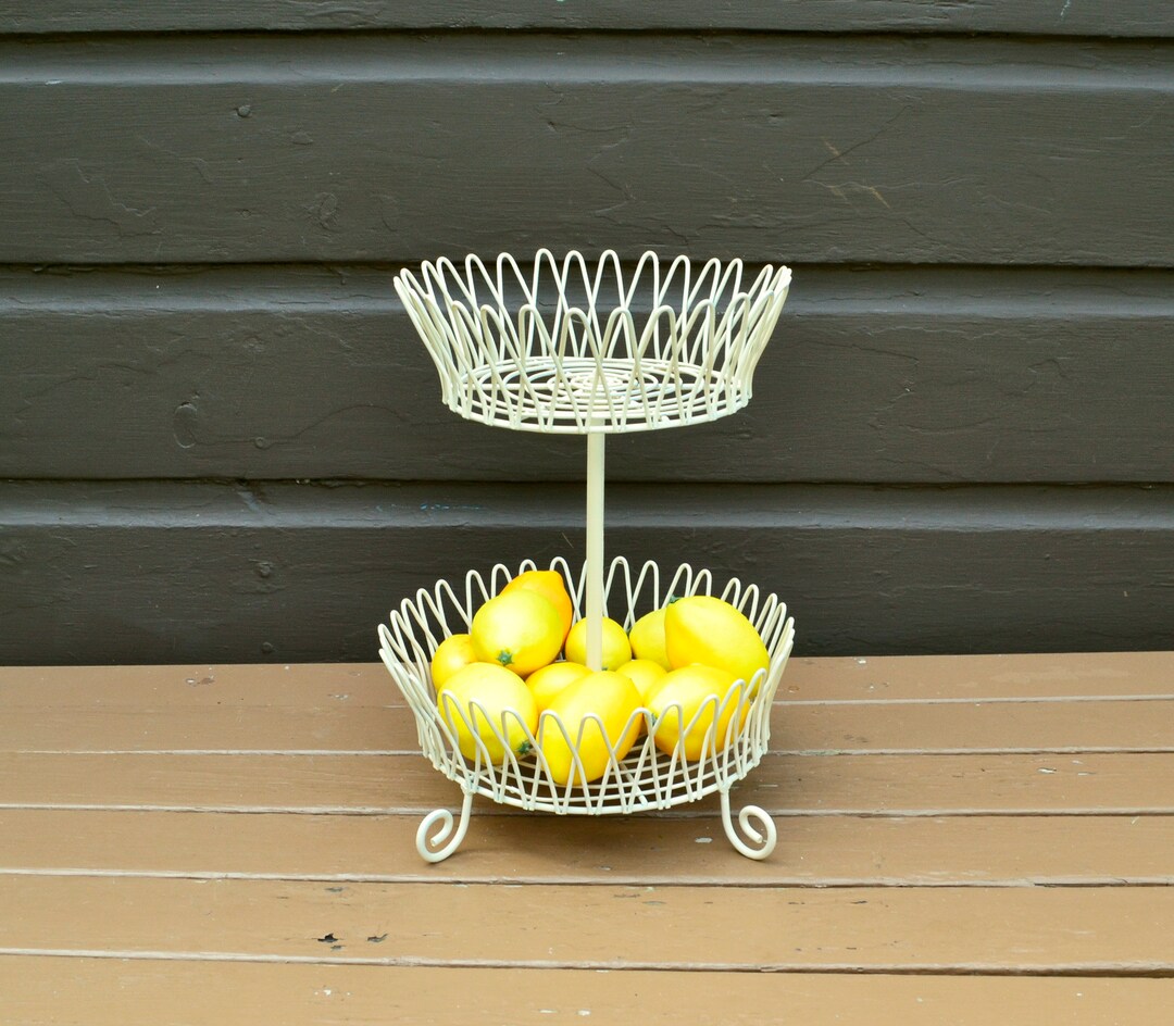 Wire Basket Stand, Vintage 2 Tier Wire Fruit Rack, Ivory Wire Display ...