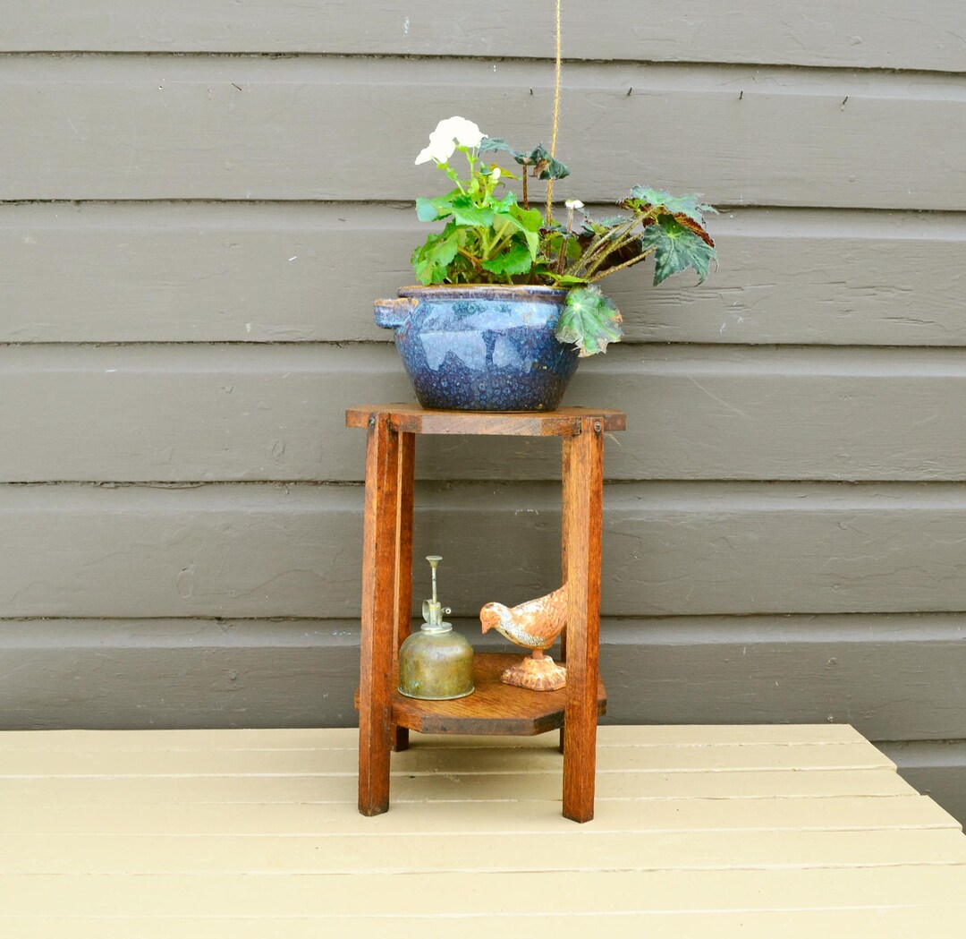 Oak Plant Stand, Vintage Wooden 2 Tier Plant Stand, Octagon Small Table ...