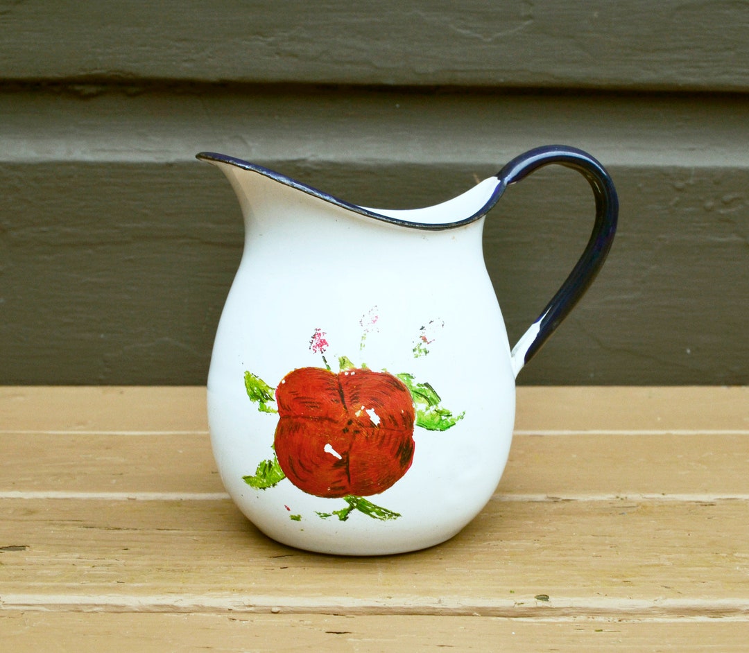 Small Enamel Pitcher, Vintage White Enamel Cream Pitcher With Rose ...