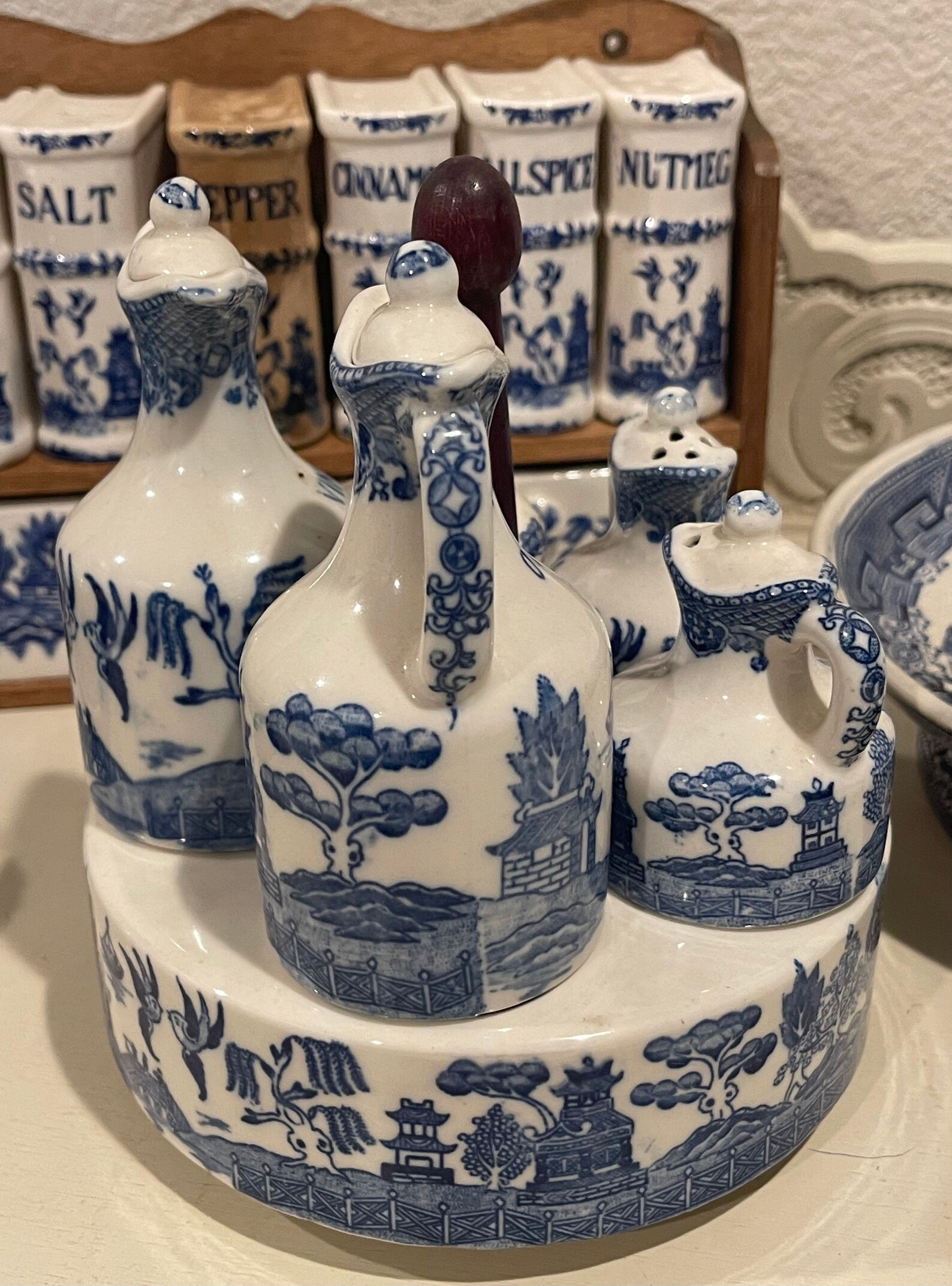Blue Willow Cruet Condiment Set Salt Pepper Oil Vinegar | Etsy
