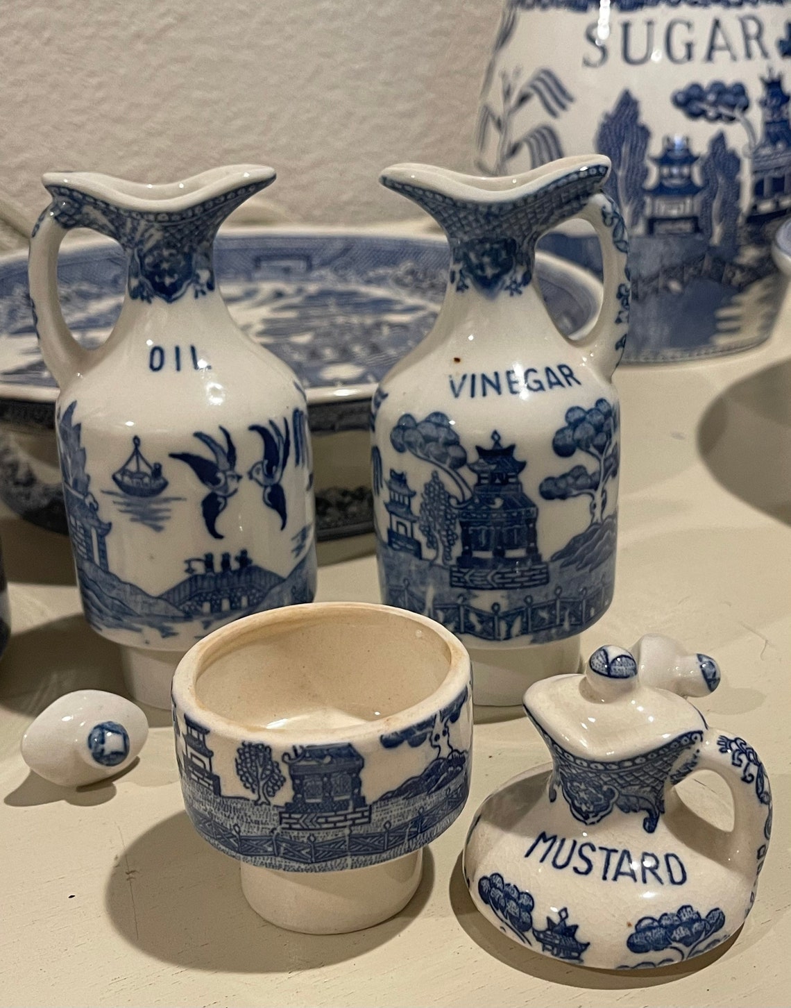 Blue Willow Cruet Condiment Set Salt Pepper Oil Vinegar | Etsy