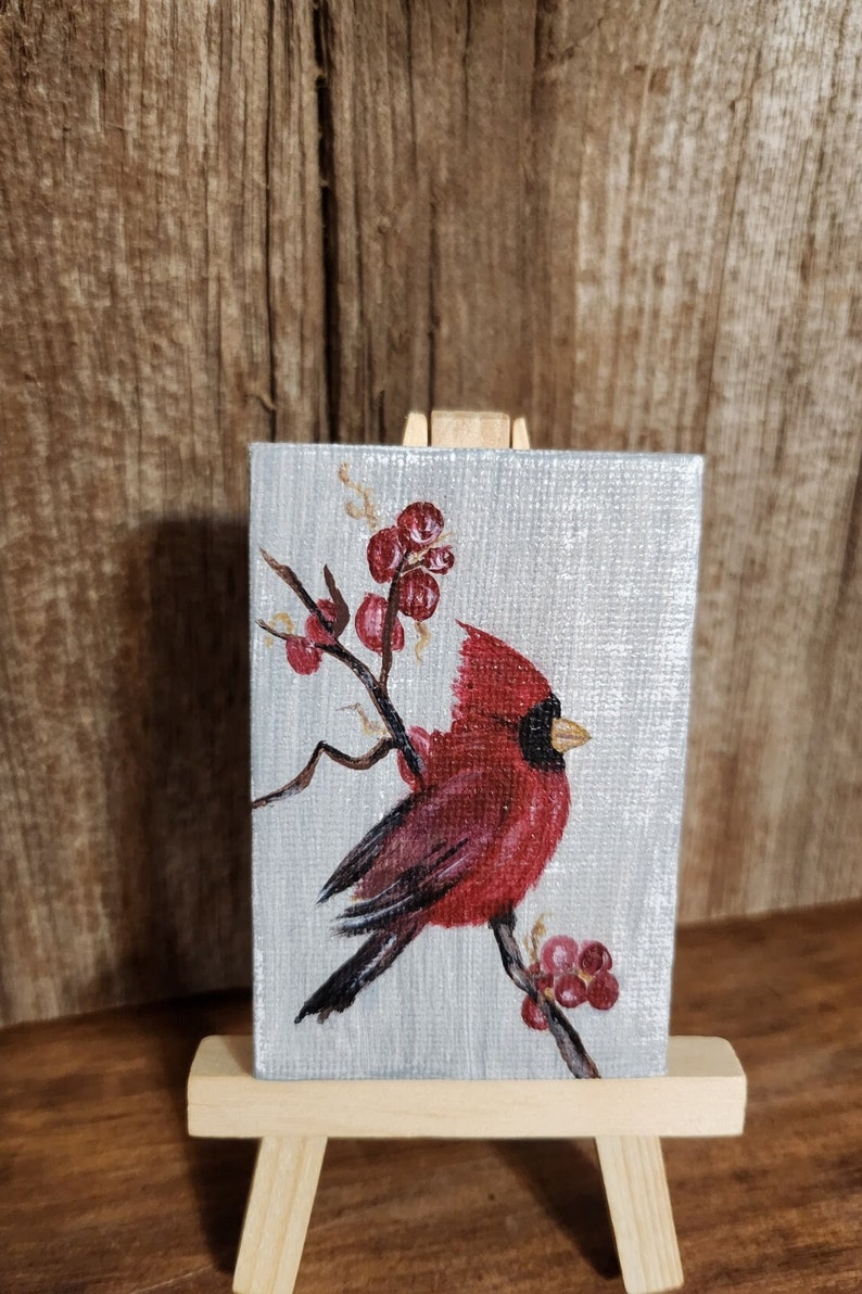 Red Cardinal Acrylic Miniature Painting, Mini Painting, Holiday Gift ...