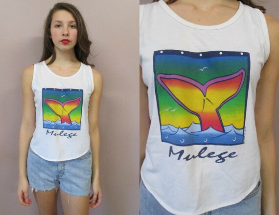 Vintage 80s Tank Top//white cotton whale tale tee cropped top | Etsy
