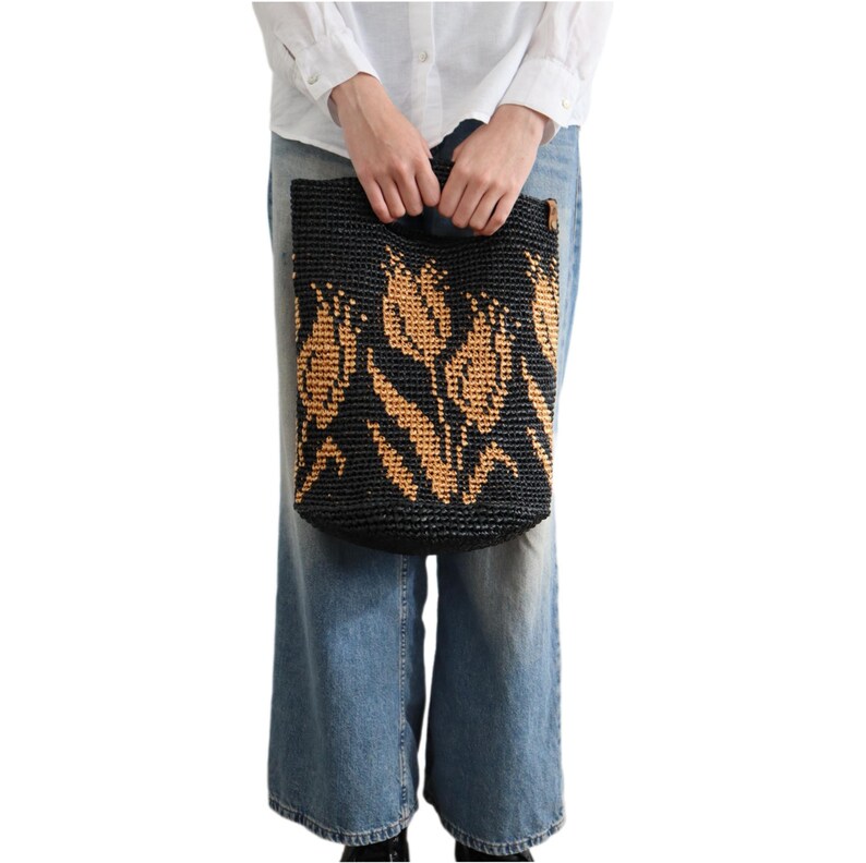 Black Raffia Bag, Golden Tulips, Luxury, Elegant Bags for Women, Ladies ...